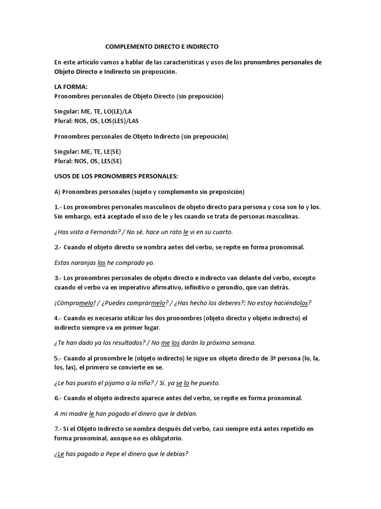 Complemento Directo e Indirecto | PDF | Objeto (gramática) | Pronombre