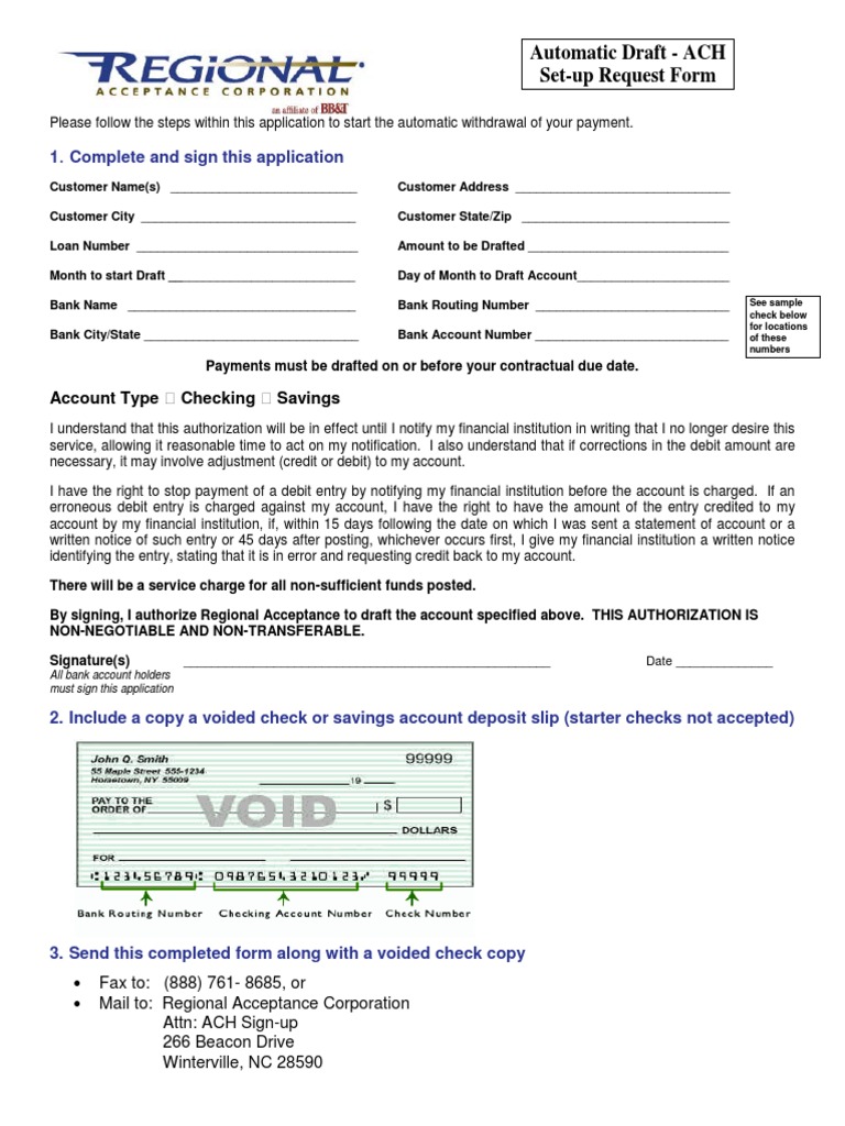 Regional Acceptance Ach Draft Form-One | Cheque | Debit Card