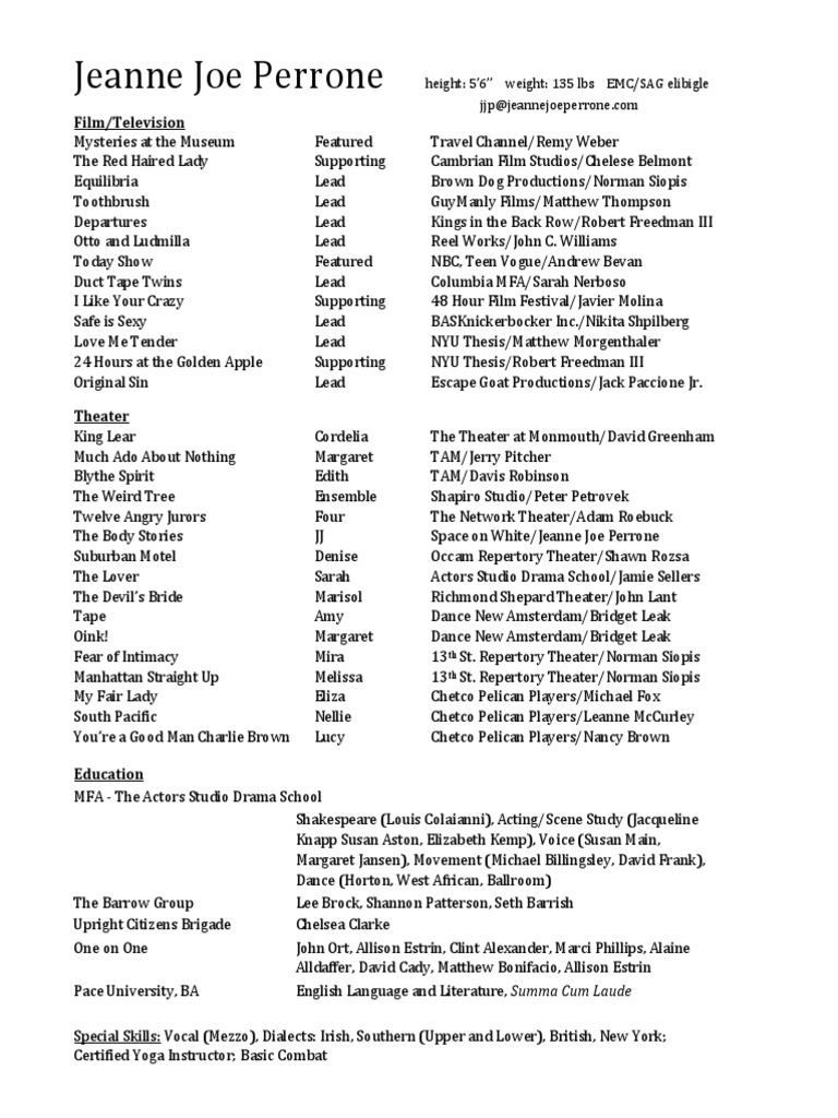 Jeanne Joe Perrone Acting Resume | PDF