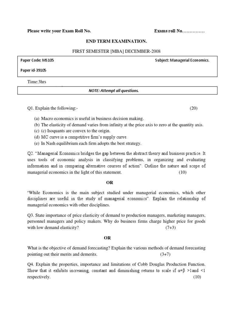 MBA-105 Question Paper | PDF | Average Cost | Demand