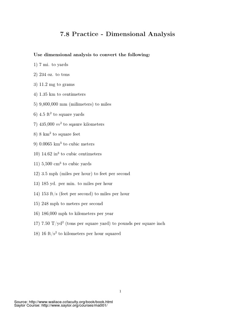 Dimensional Analysis Practice Problems | PDF | Foot (Unit) | Units Of ...