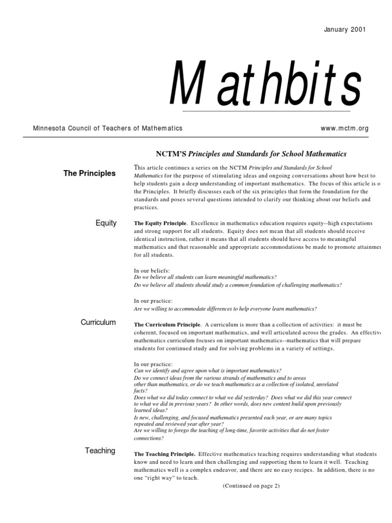 Mathbits: NCTM'S Principles and Standards For School Mathematics | PDF ...
