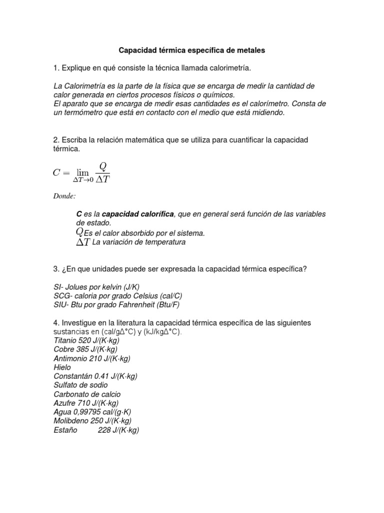 Capacidad térmica específica de metales: C es la capacidad calorífica ...