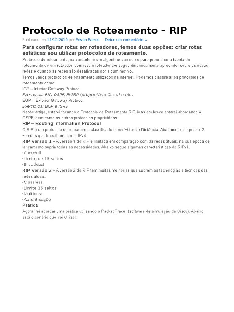 Protocolo de Roteamento - RIP | PDF | Roteamento | Roteador (informática)