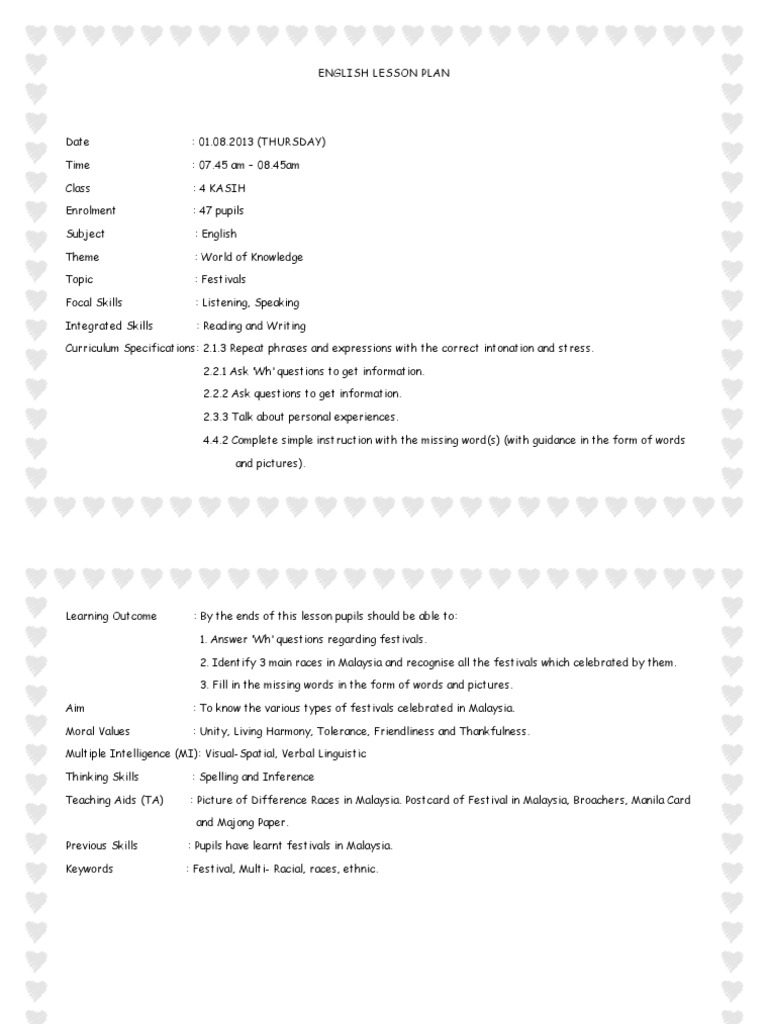 English Lesson Plan Y4 Festivals | PDF | Lesson Plan | Teachers