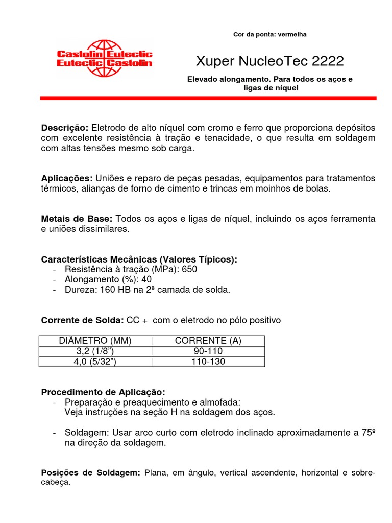 Catálogo Eletrodo Níquel e Ligas Xuper Nucleotec 2222 - Eutectic Castplin - 2010 - 2p | PDF