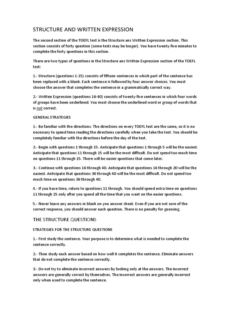 Structure and Written Expression TOEFL Strategies | PDF | Subject ...
