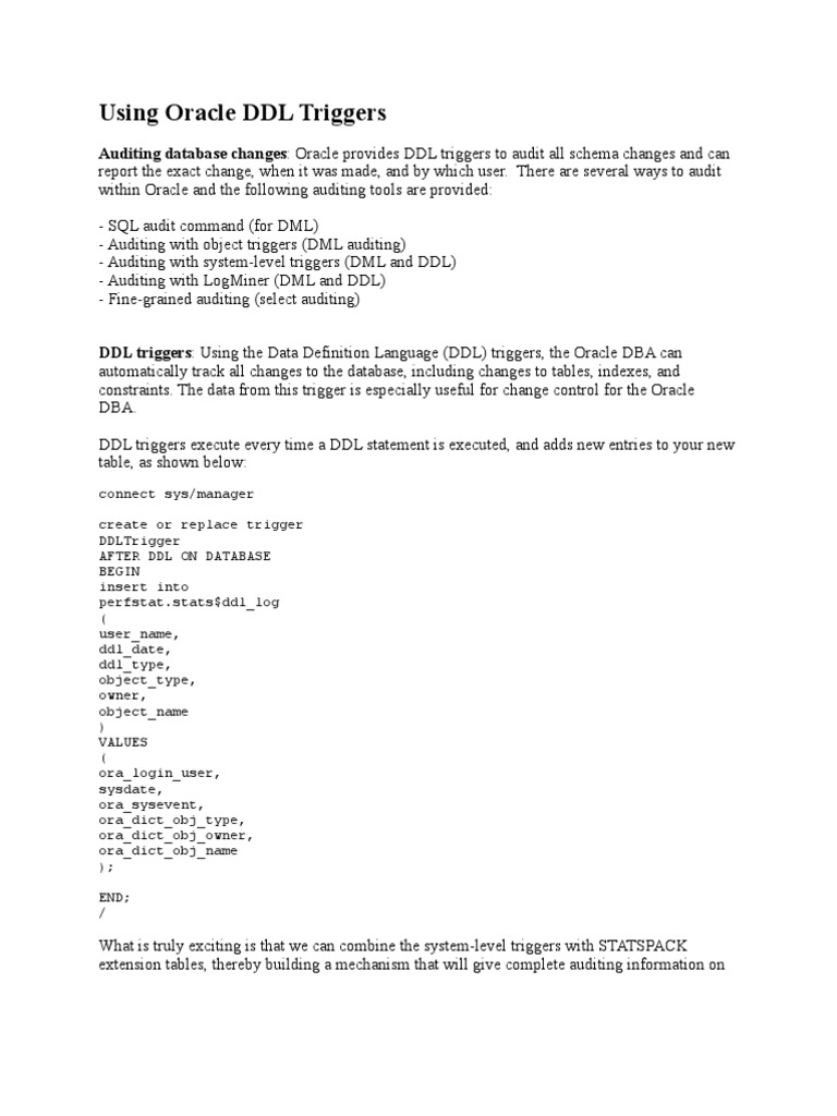 Using Oracle DDL Triggers | PDF | Oracle Database | Databases