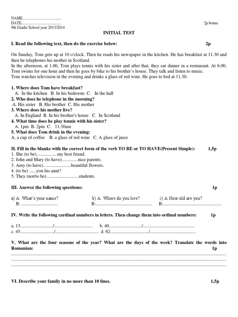 9th Grade English Initial Test 2013/2014 | PDF | Language Arts & Discipline