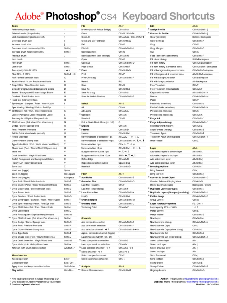 Adobe Photoshop CS4 Keyboard Shortcuts PC | PDF | Adobe Photoshop | Computer Graphics