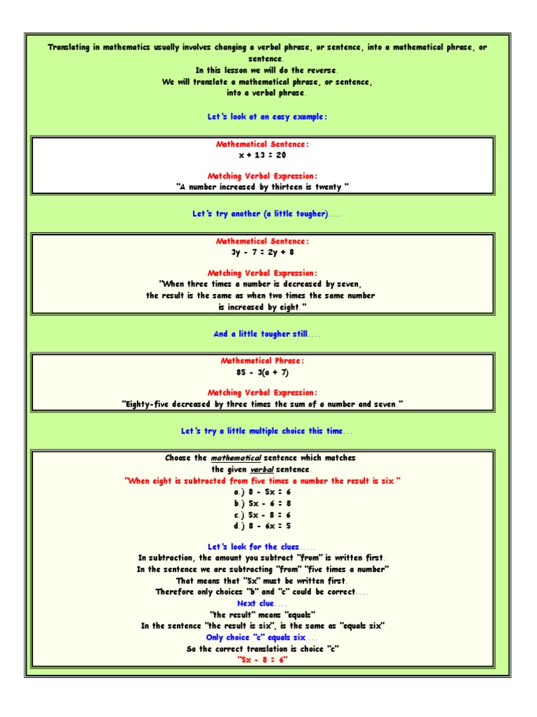 Translating in Mathematics Usually Involves Changing A Verbal Phrase ...