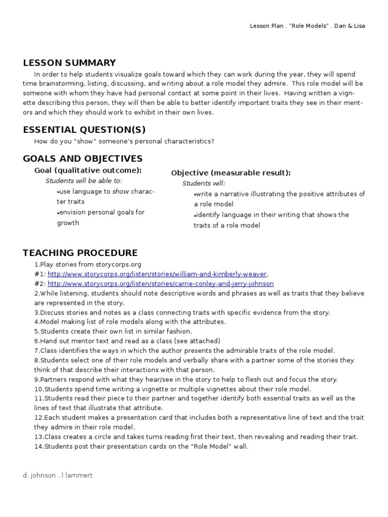 Role Model Lesson Plan Lisa And Dan PDF Narrative Lesson Plan