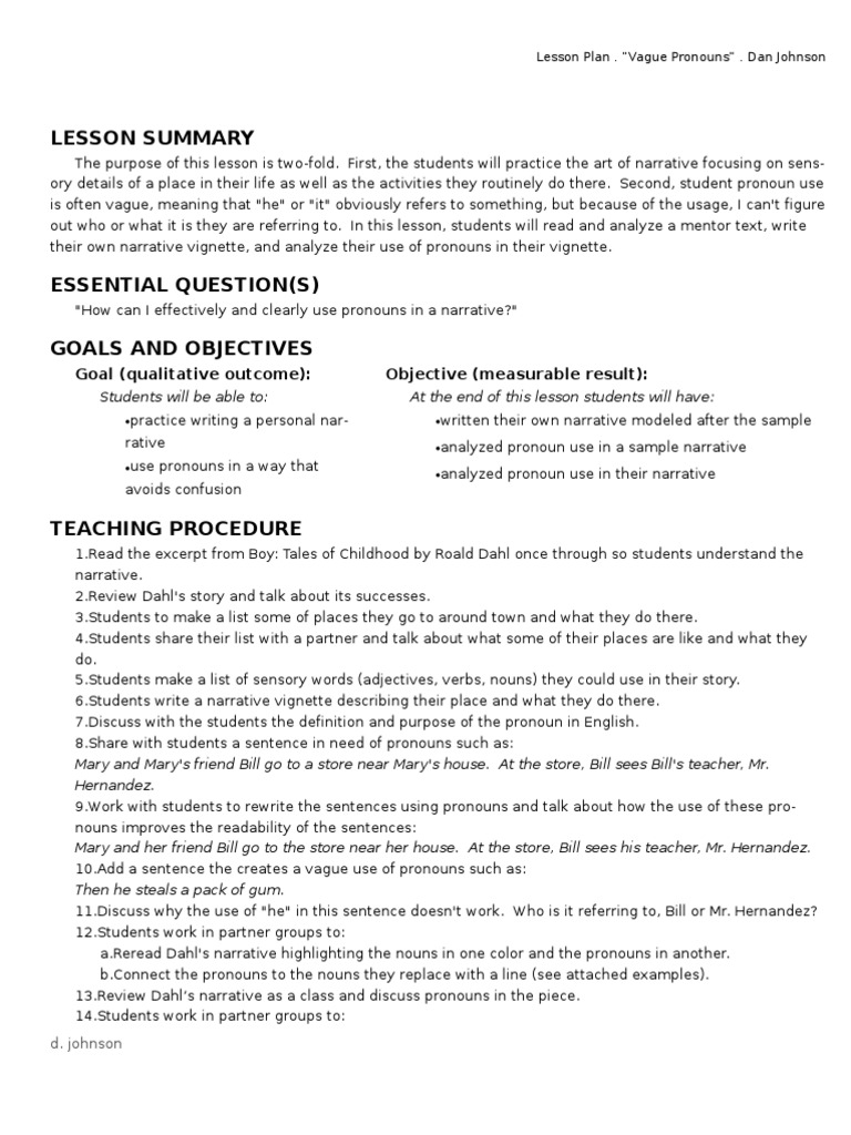 Vague Pronouns Narrative Lesson Plan - Dan | PDF | Noun | Sentence ...