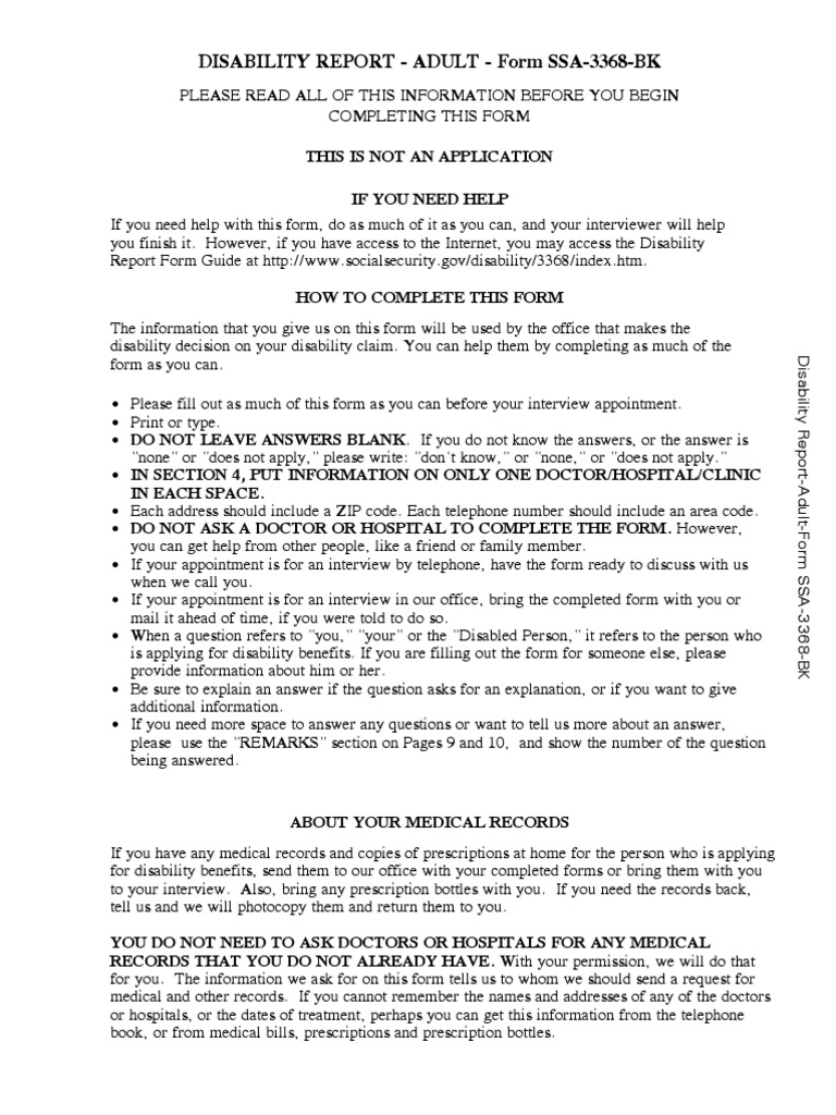 Disability Report - Adult - Form Ssa-3368-Bk: This Is Not An ...