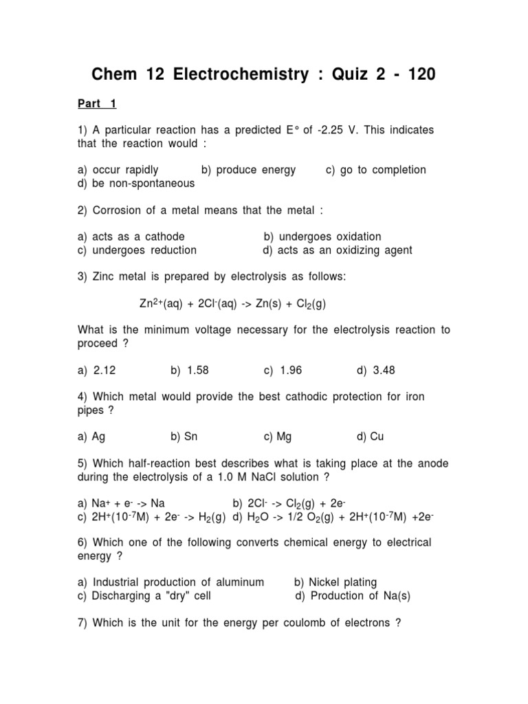 Chem 12 Electrochemistry: Quiz 2 - 120 | PDF | Electrochemistry | Redox