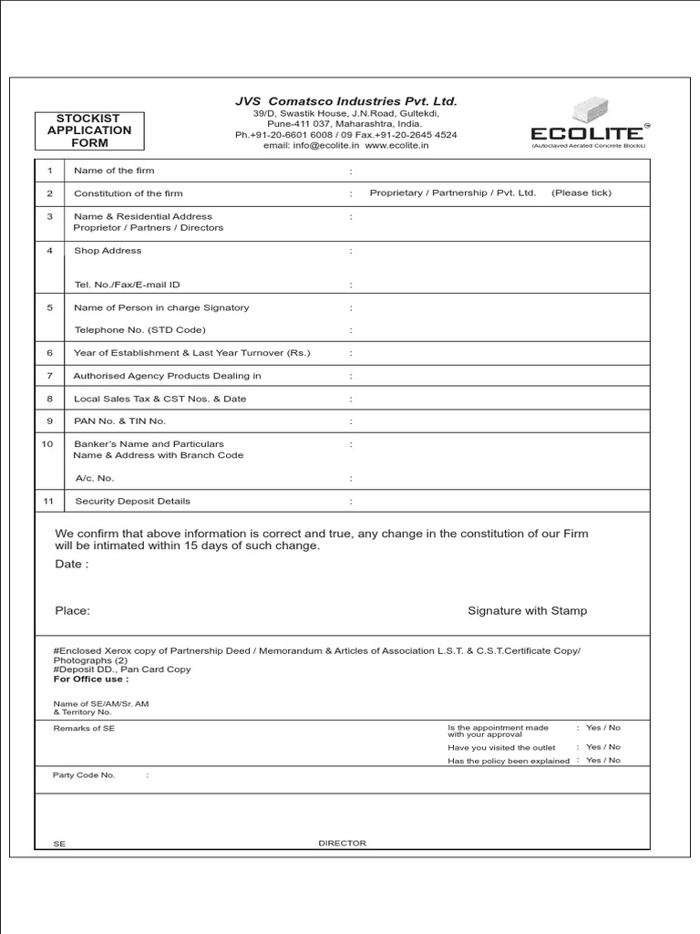 Stockist Application Form | PDF | Government | Business