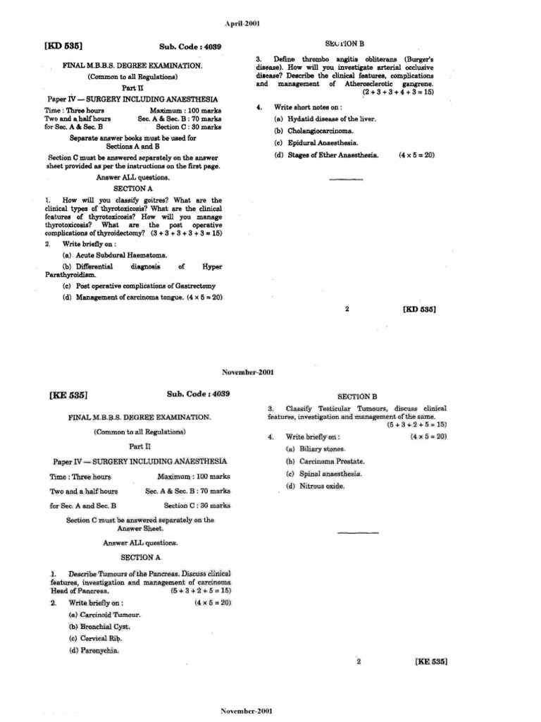 Surgery Essay Exam - Past Question Papers | PDF | Surgery | Anesthesia