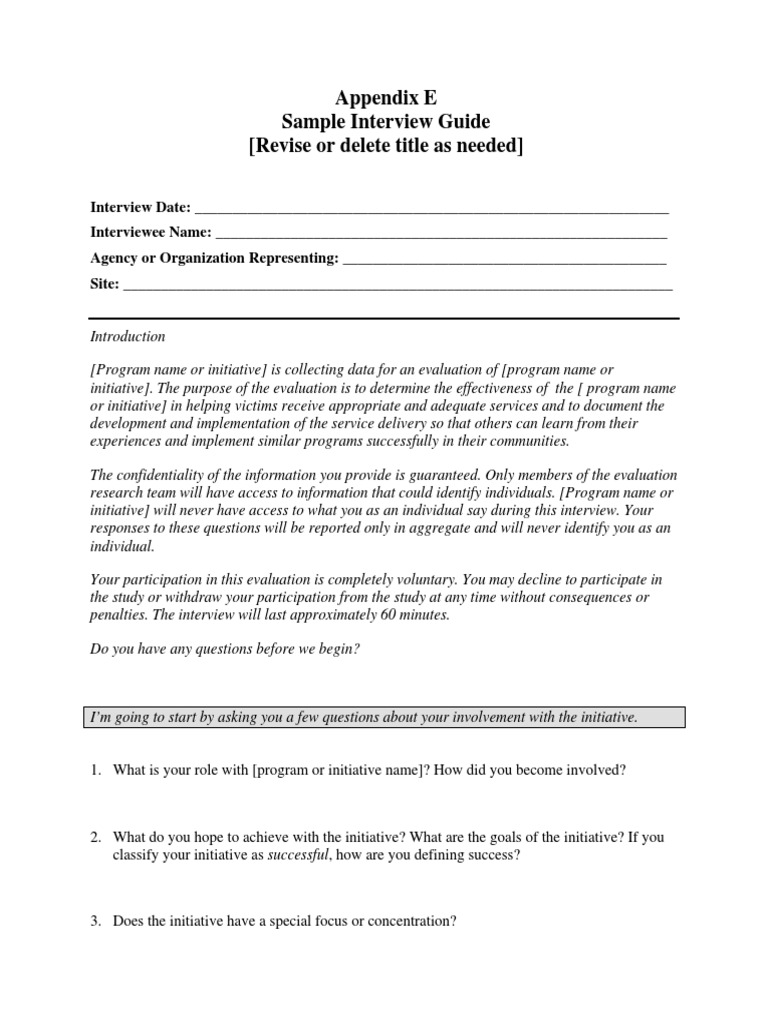Appendix E Sample Interview Guide (Revise or Delete Title As Needed ...