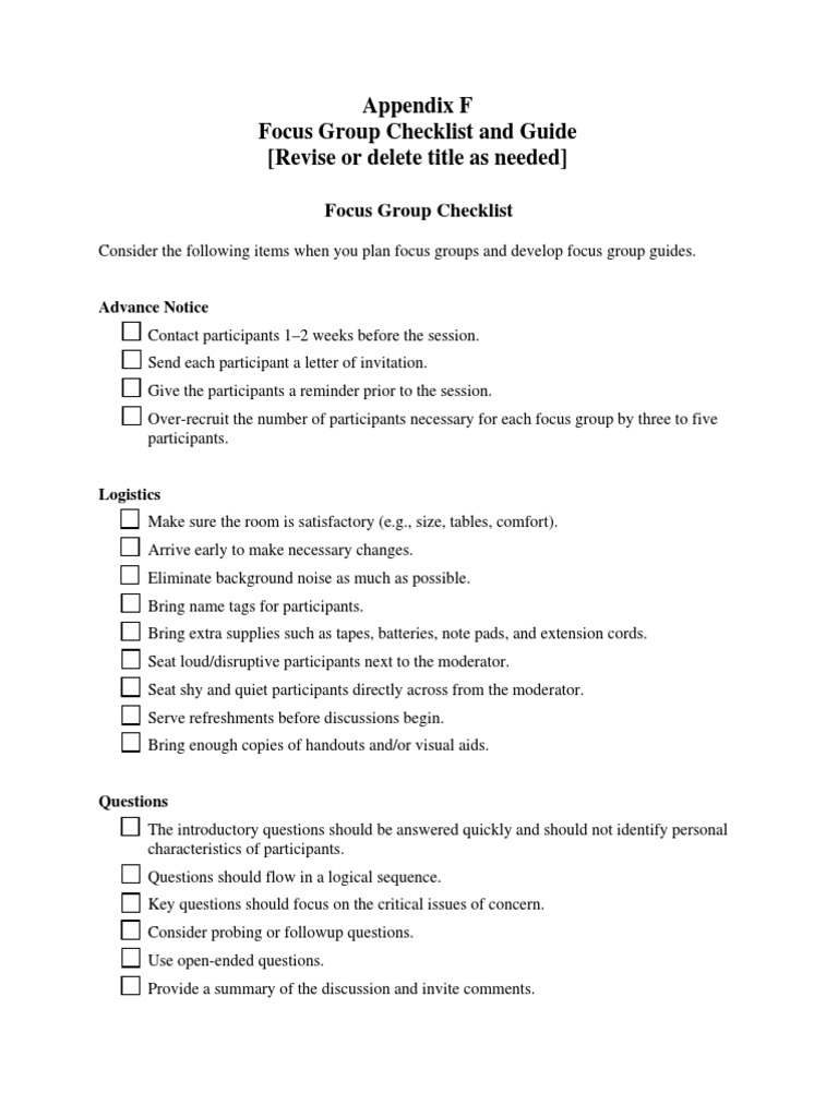 Appendix F Focus Group Checklist and Guide (Revise or Delete Title As ...
