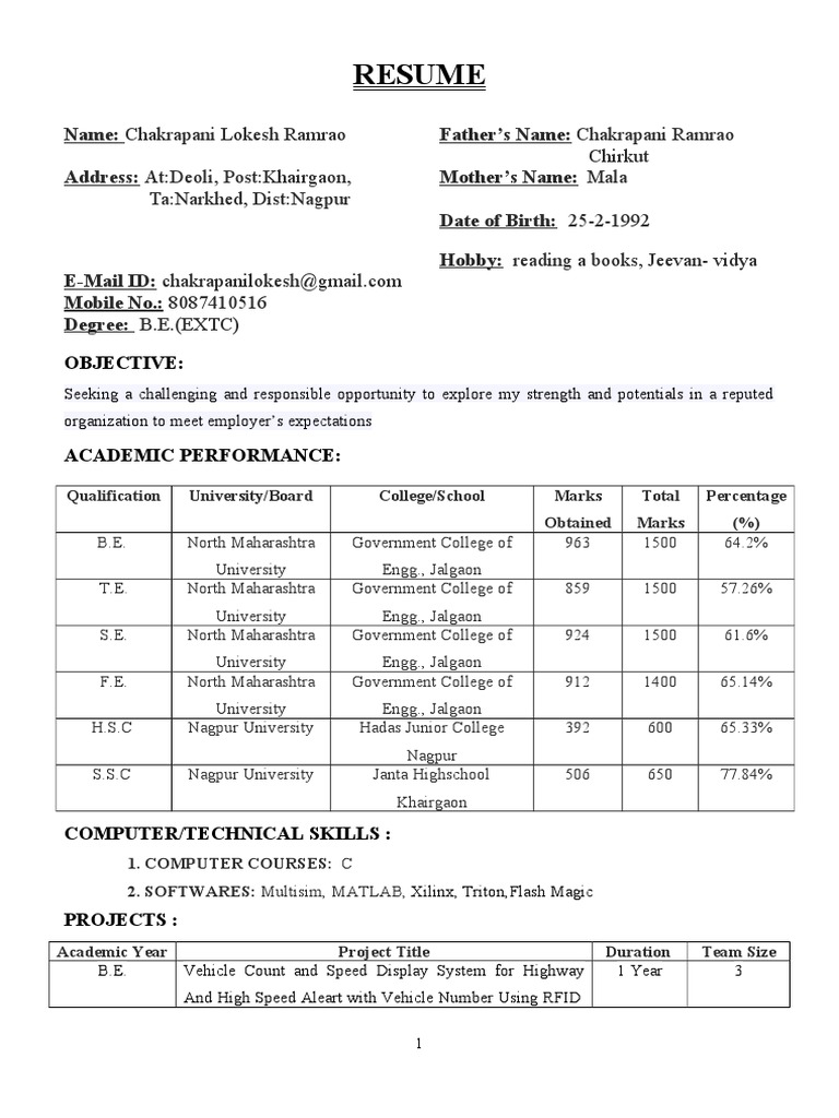 Resume: Chakrapani Ramrao Chirkut Mala Ta:Narkhed, Dist:Nagpur 25-2 ...