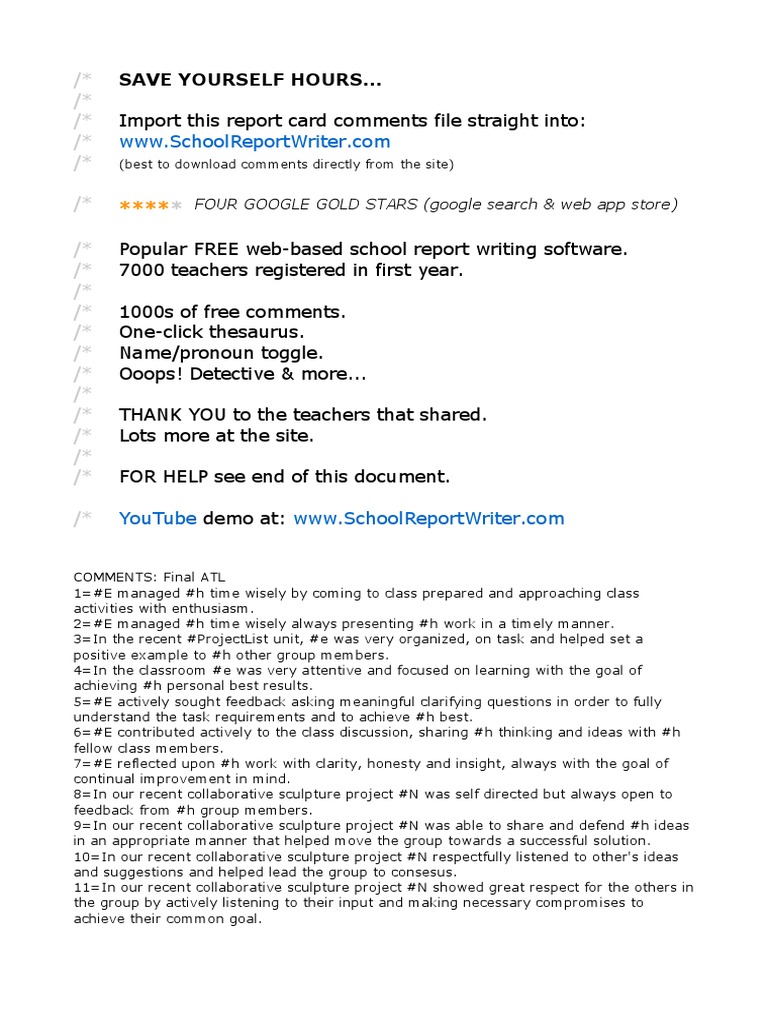 Art Report Card Comments Guide | PDF | Creativity | Goal