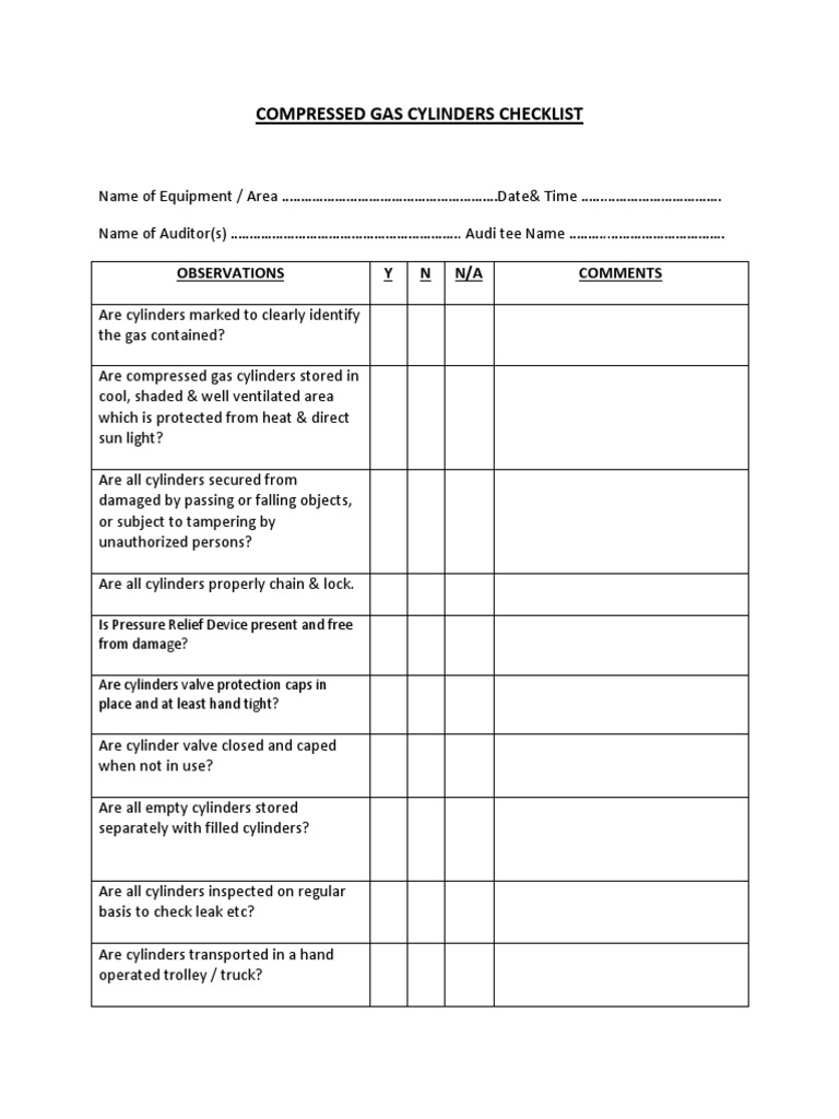 Compressed Gas Cylinders Checklist | PDF | Energy Technology | Equipment
