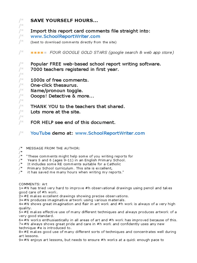 Report Card Comments, Elementary/Primary (File 2) | PDF | Fraction ...