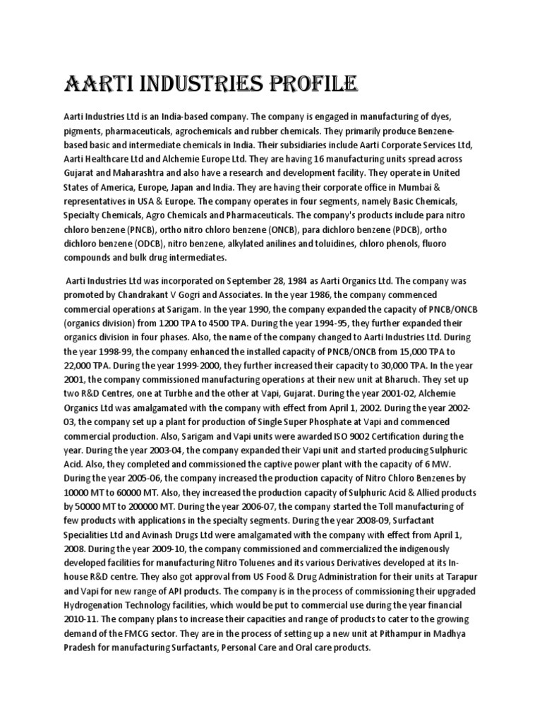 Aarti Industries LTD Profile | PDF | Chemical Substances | Chemical ...