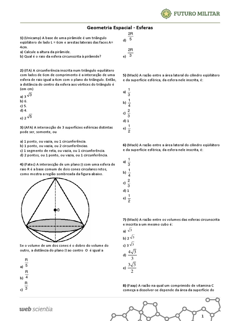 Matematica Geometria Espacial Esferas Exercicios Gabarito | PDF | Esfera | Triângulo