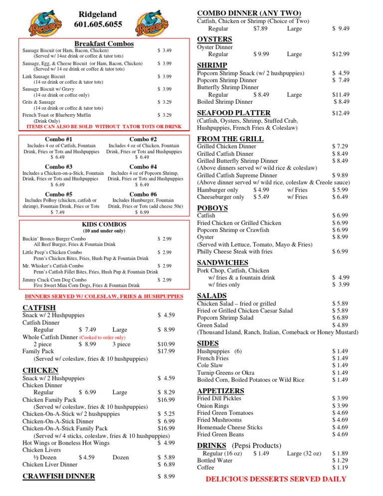 Penns Restaurant Ridgeland Menu | PDF | Hamburgers | Coleslaw