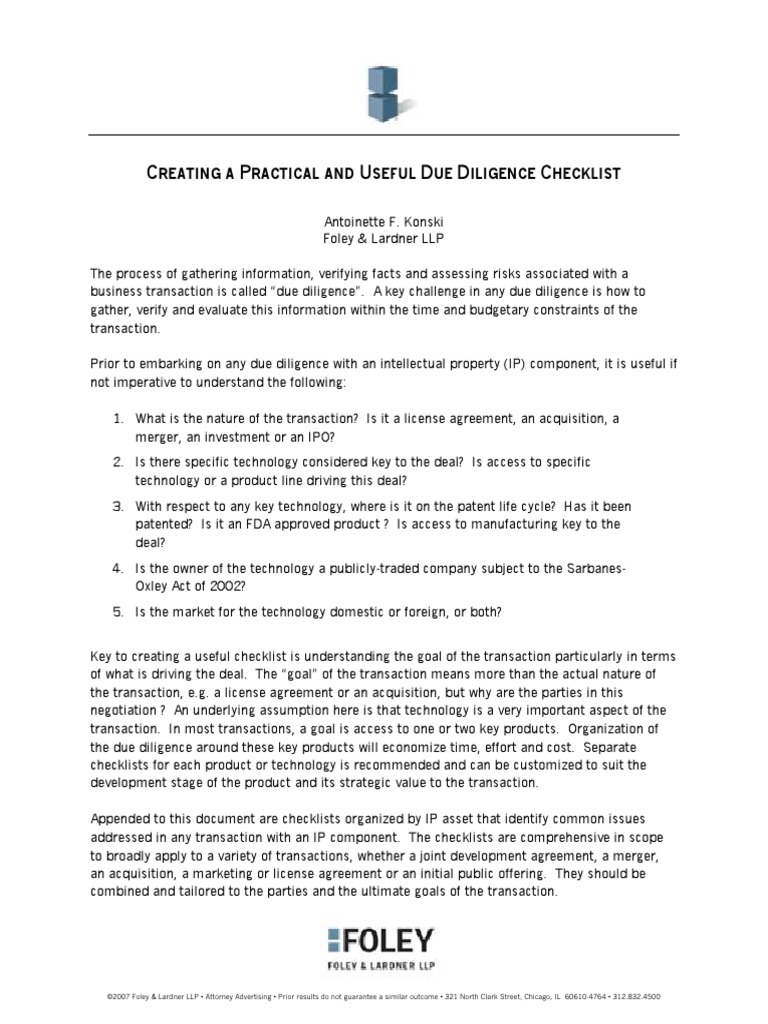 Due Diligence Checklist | PDF | Patent Infringement | Patent
