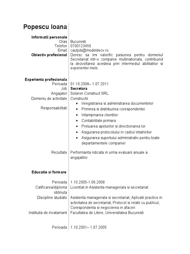 Model de CV Secretara | PDF