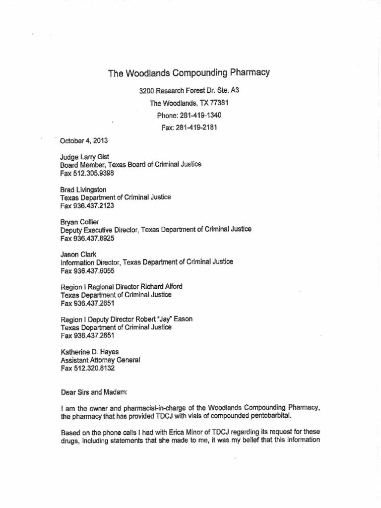 Woodlands Compounding Pharmacy Letter To TDCJ | PDF | Foreign Language ...