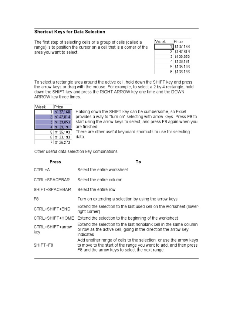 Shortcut Keys For Data Selection: Press To | PDF | Keyboard Shortcut ...