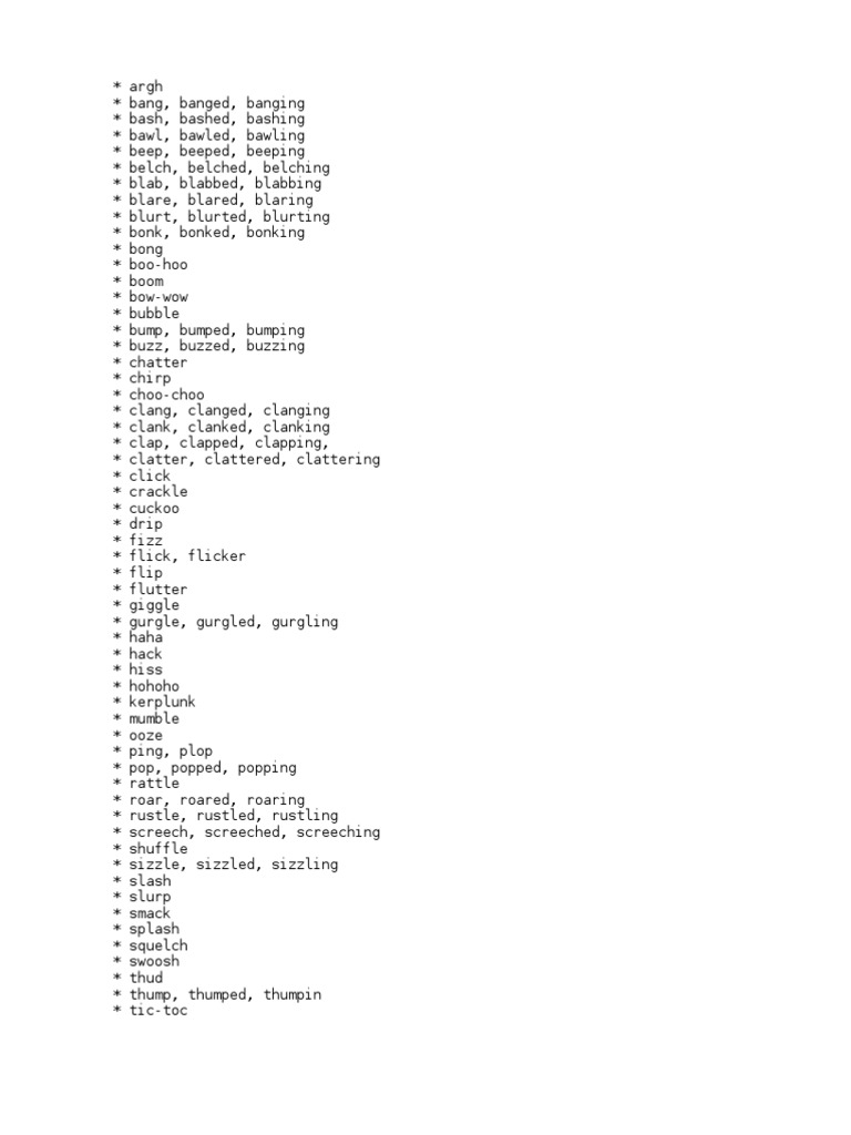 Onomatopoeia Words List | PDF | Figures Of Speech | Language Varieties ...