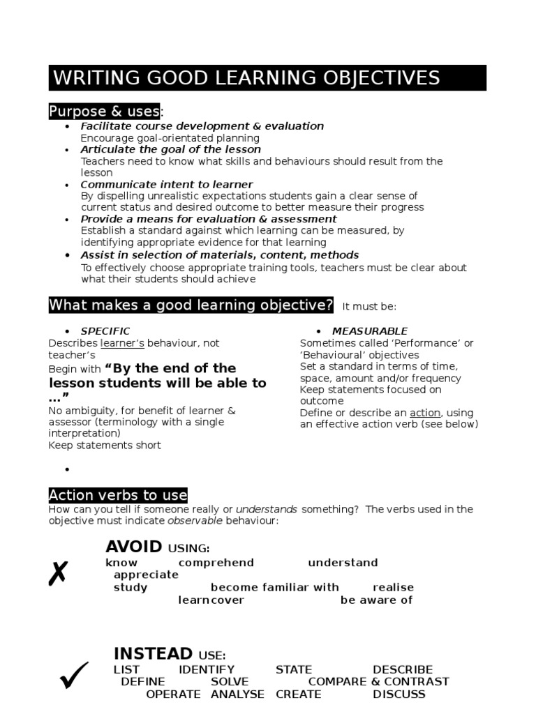 Writing Good Learning Objectives - Handout | PDF | Business