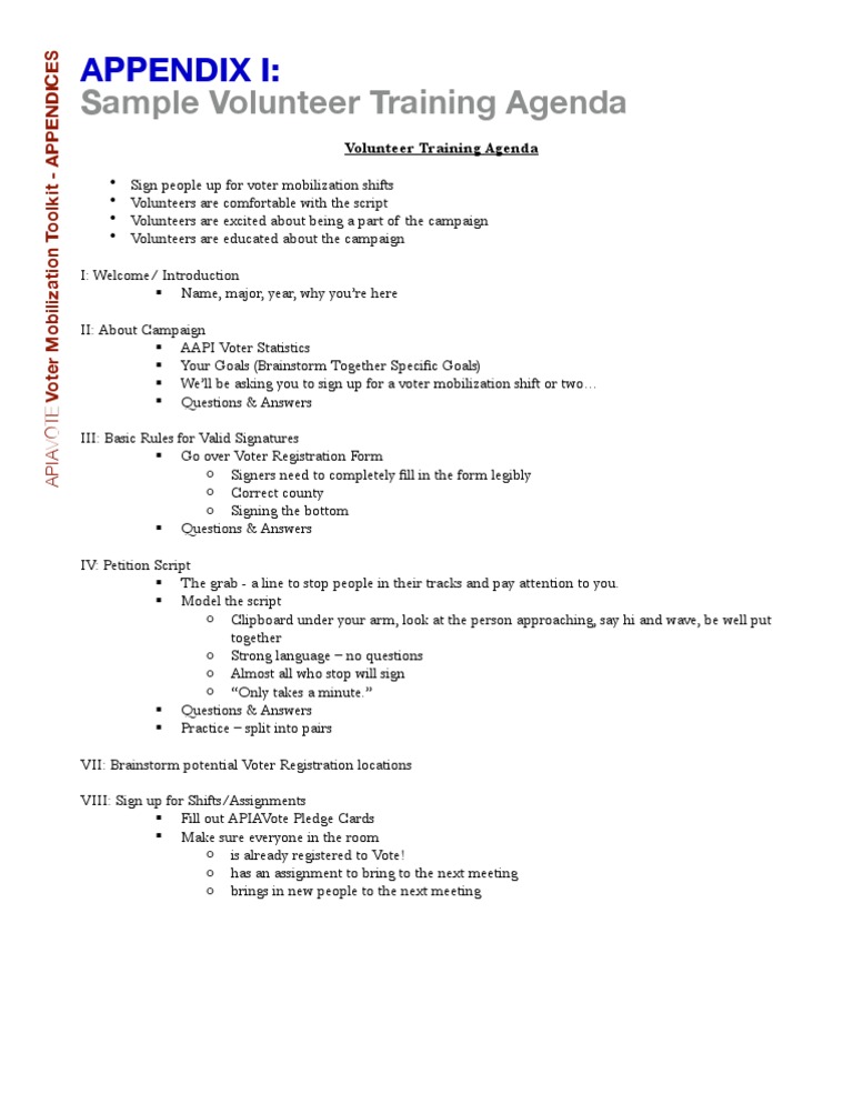 Sample Volunteer Training Agenda | PDF | Voter Registration | Political ...