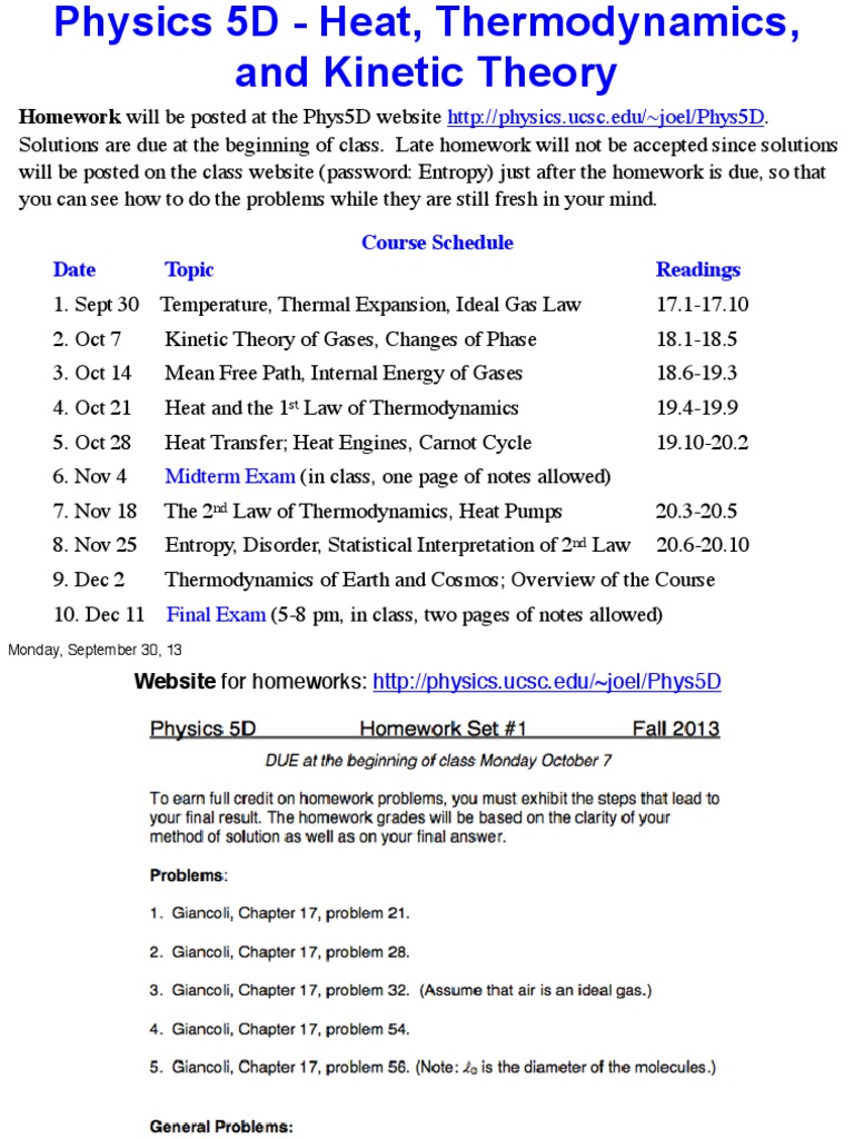 Homework Will Be Posted at The Phys5D Website: Course Schedule Date ...