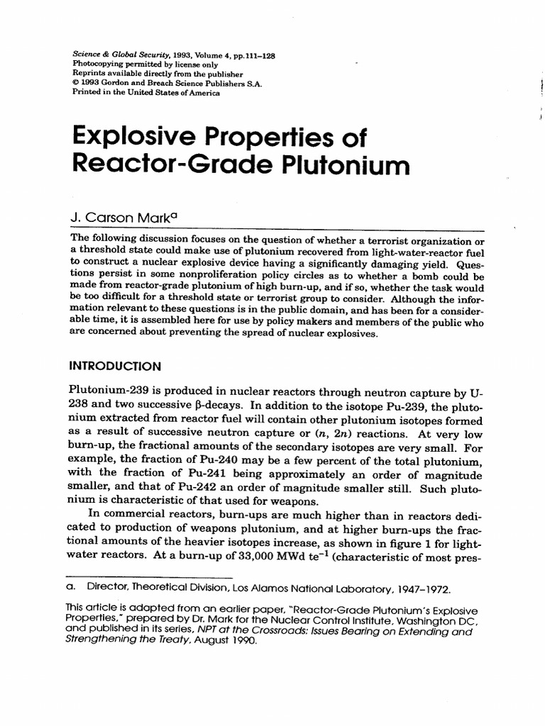 Explosive Properties of Rector Grade Plutonium | PDF | Nuclear Fission ...