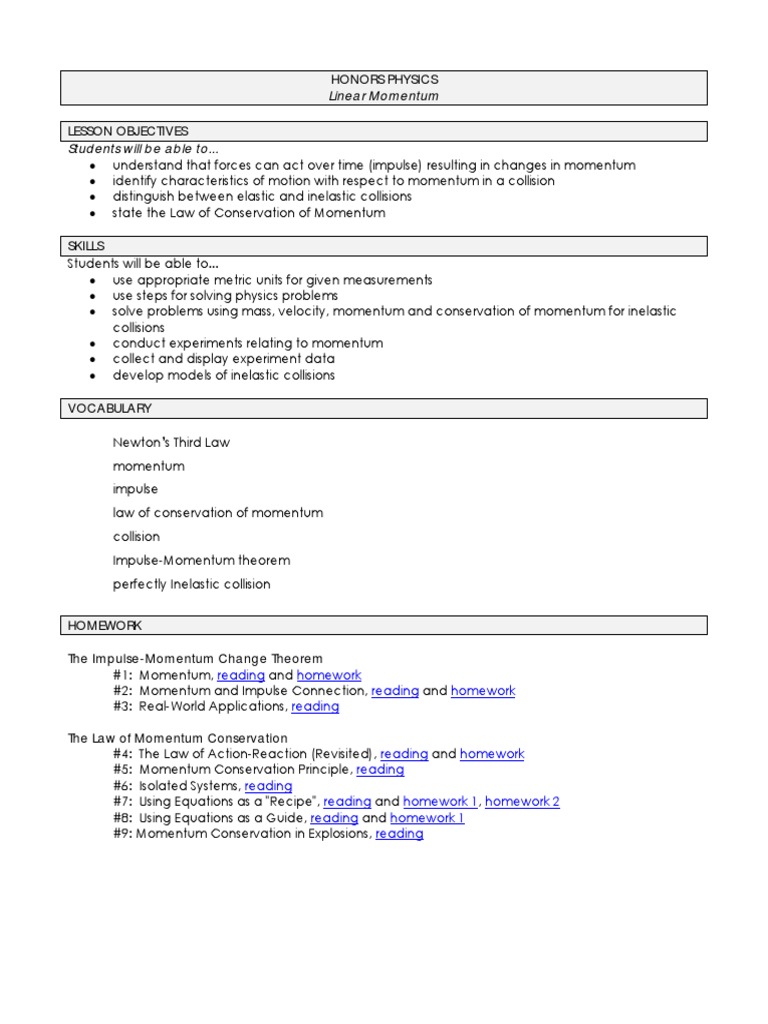 Honors Physics Linear Momentum Lesson | PDF | Collision | Momentum