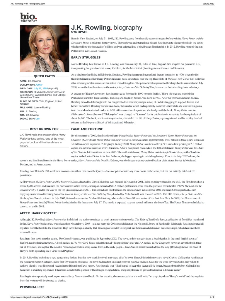 J.K. Rowling brief biography from Biography.com | J. K. Rowling | Harry ...
