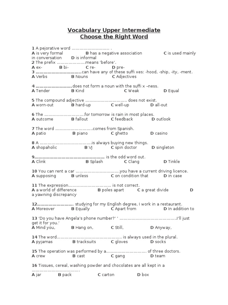Vocabulary Upper Intermediate | PDF | Linguistic Morphology | Semantic ...