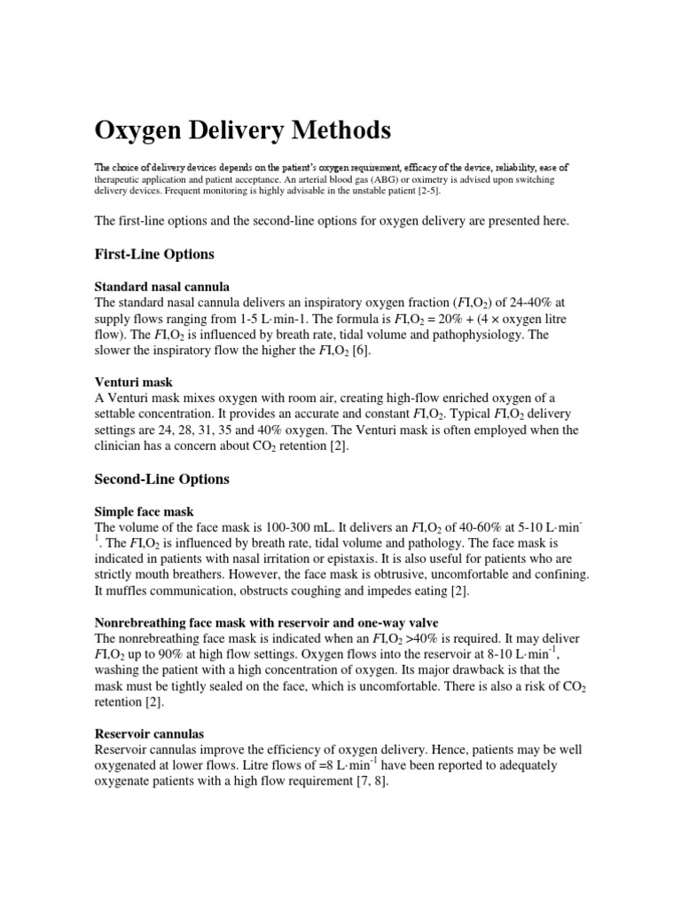 Oxygen Delivery Methods ENG PRINT | Download Free PDF | Oxygen | Litre