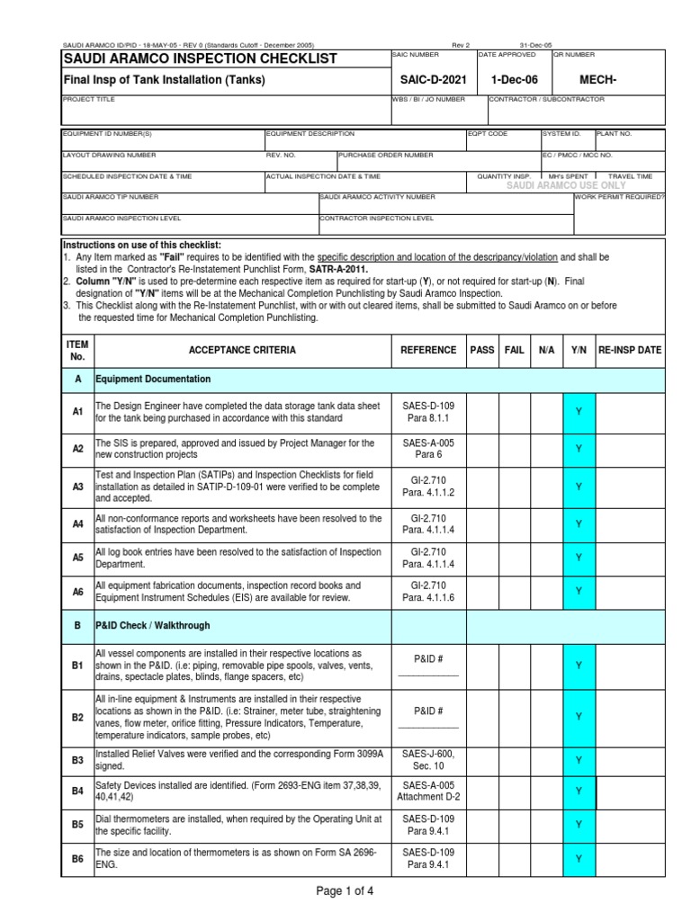 Saudi Aramco Inspection Checklist: Final Insp of Tank Installation ...