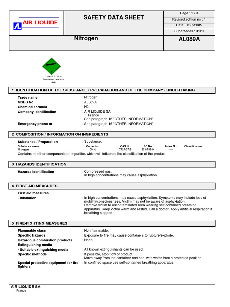N2 MSDS (Air Liquide) | PDF | Safety | Chemistry