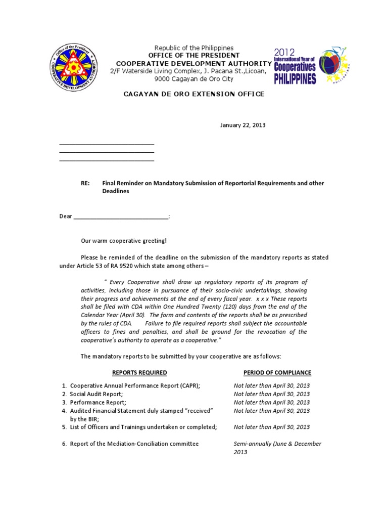 CDA - Notice of Submission of Mandatory Reports- 1 | Justice | Crime ...