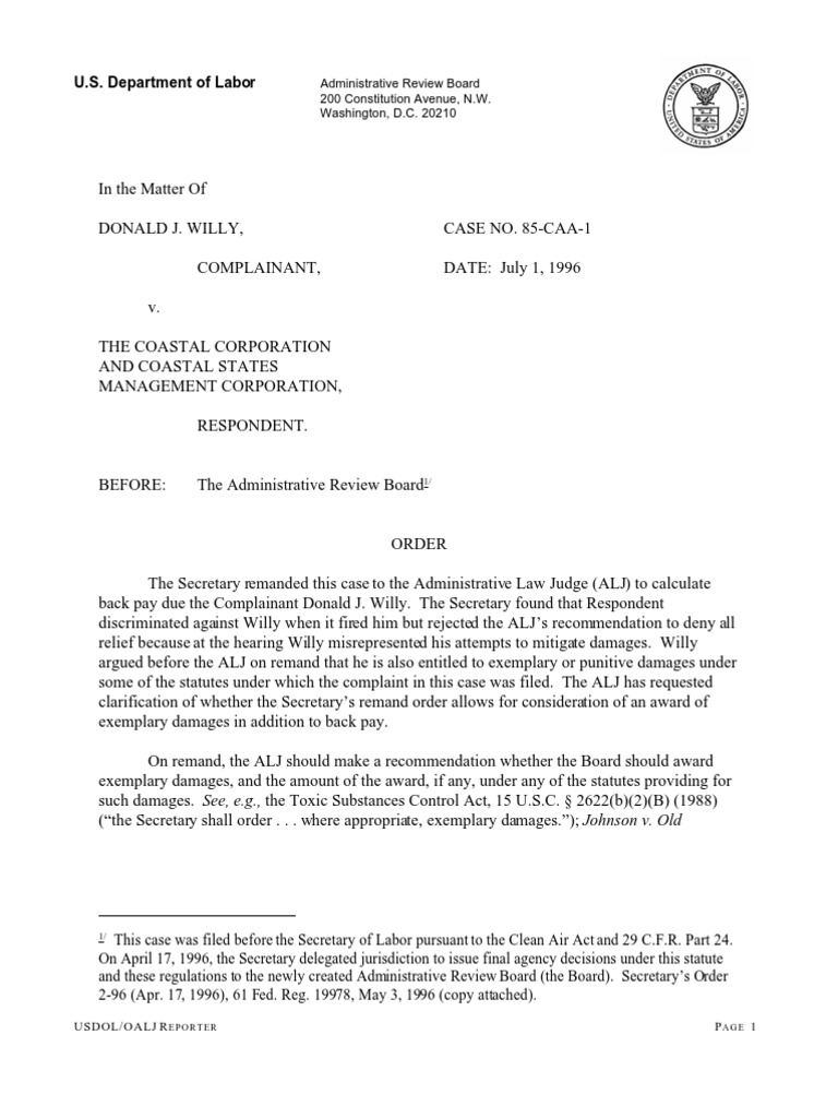 Department of Labor: 1985CAA01P | PDF | Administrative Law Judge | The ...