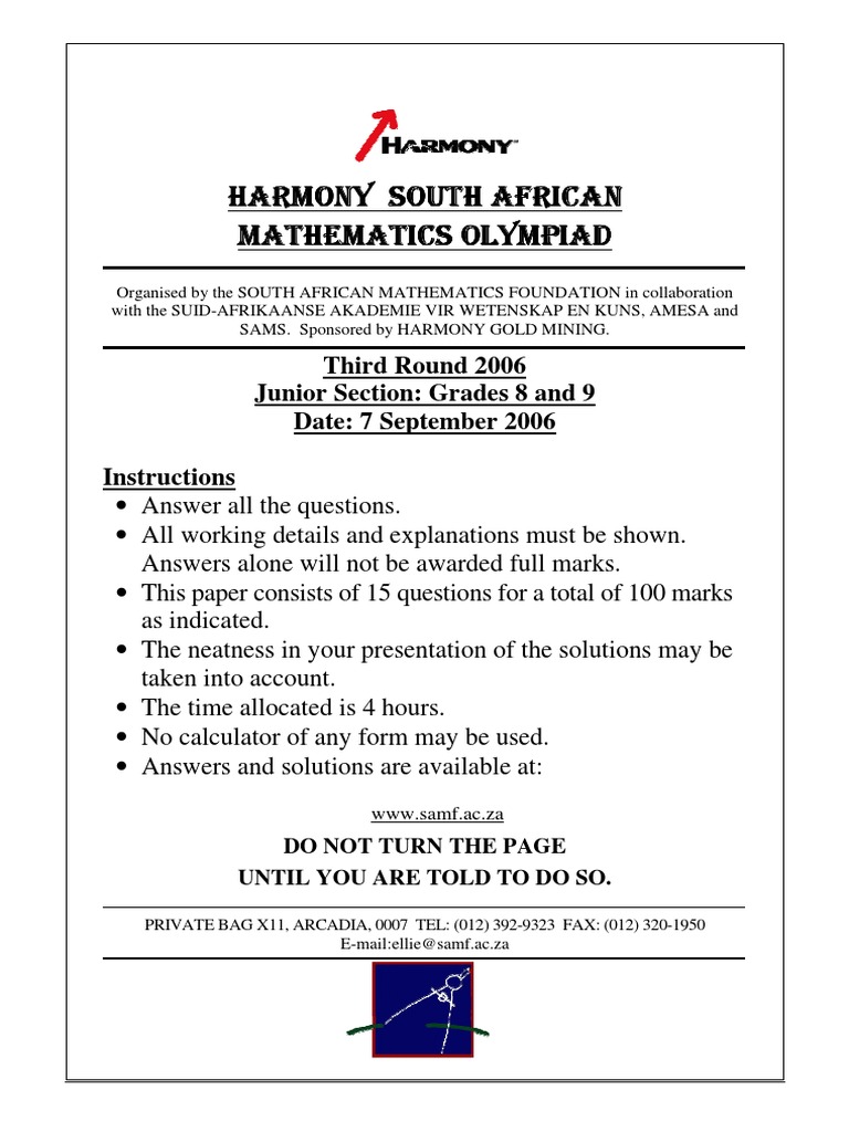 Harmony South African Olympiad 2006 | PDF | Triangle | Mathematical ...