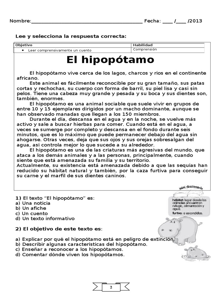 Lectura Infantil: El Hipopótamo | PDF | Hogar, jardinería y bricolaje