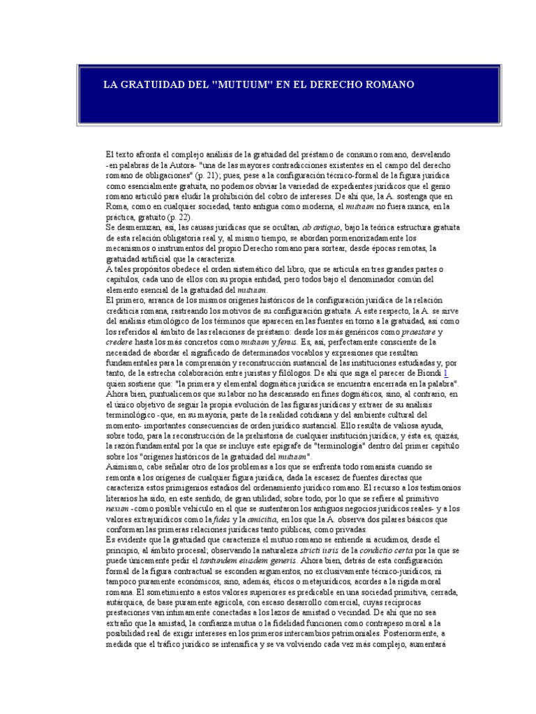 El análisis detallado de la gratuidad del préstamo (mutuum) en el ...